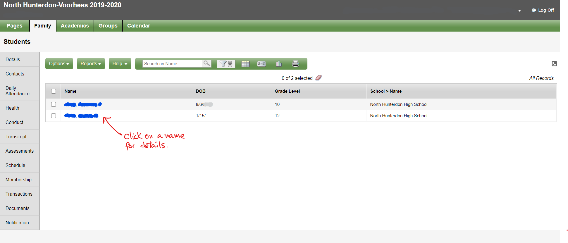 Aspen – Choosing a Student in Family Tab
